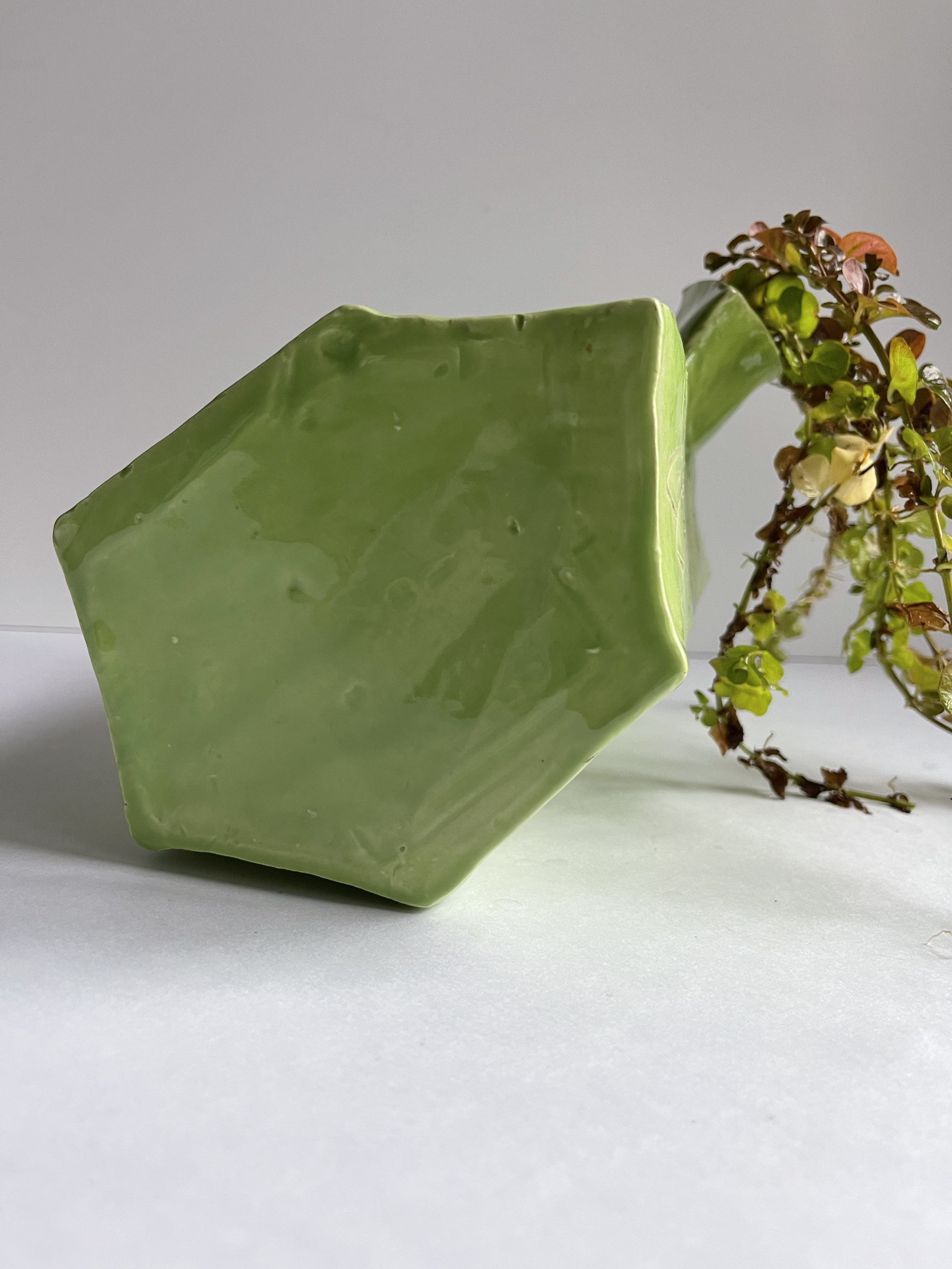 Green Pottery Vase Unique Shaped Vintage Long Lime Green Vase Funky ...