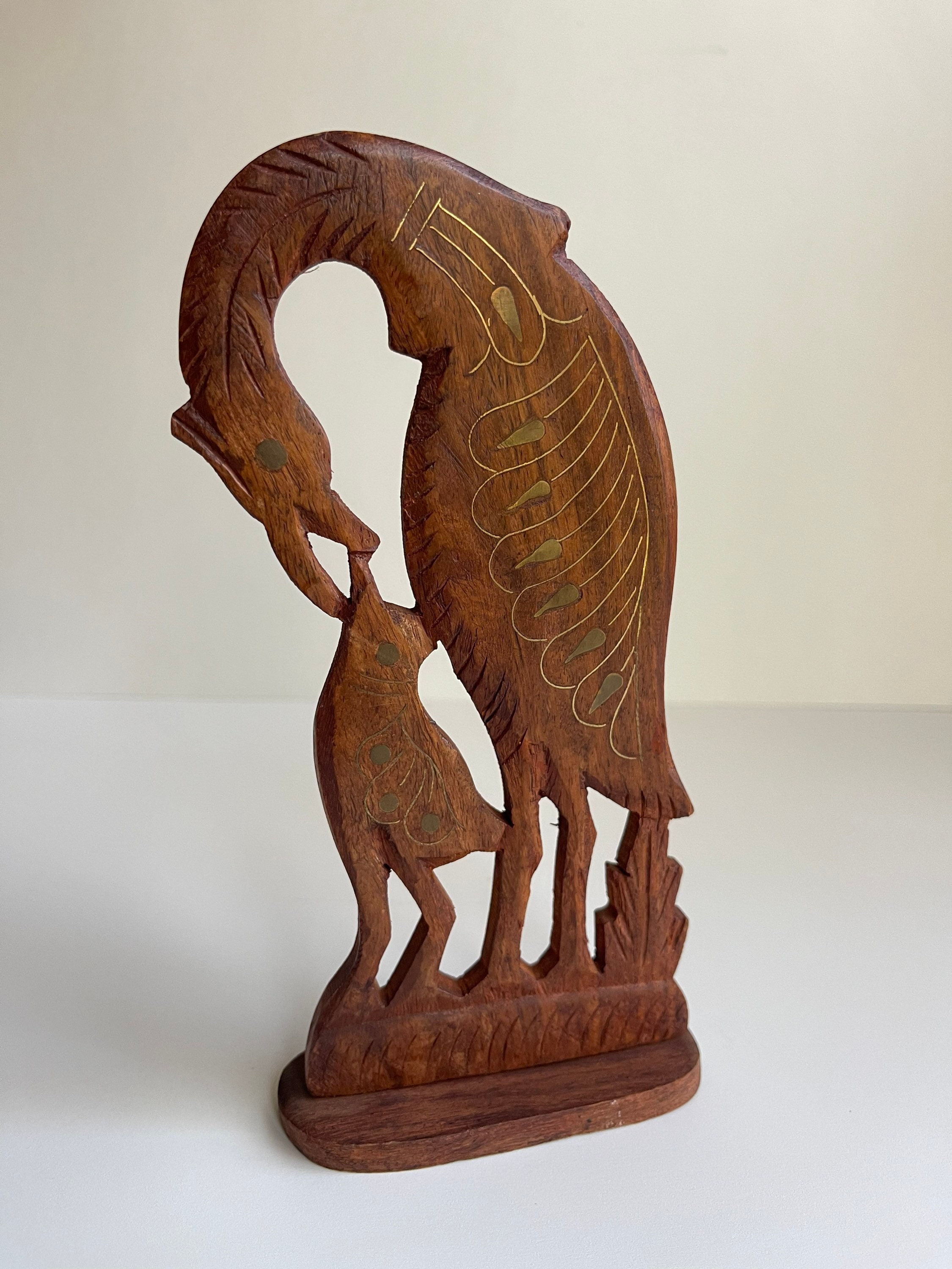 Vintage MCM Hand Carved Wooden Heron Sculpture: Brass Inlay Bird Decor ...