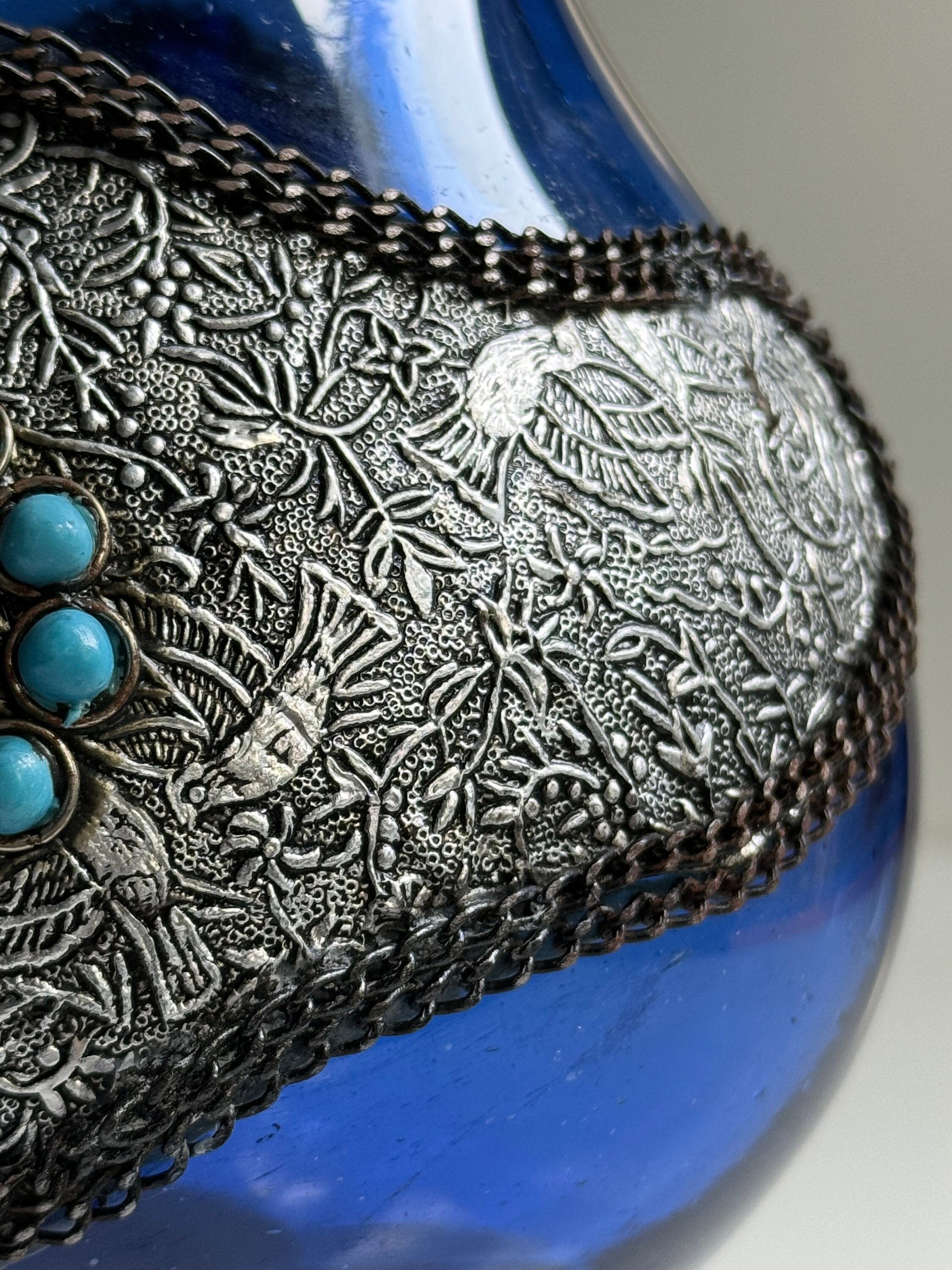 Vintage Cobalt Blue Moroccan Ruffled Glass Vase With Beads/chains ...