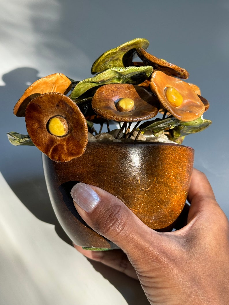 Vintage Handmade Pottery Ceramic Flower Arrangement With Leaves Intact ...