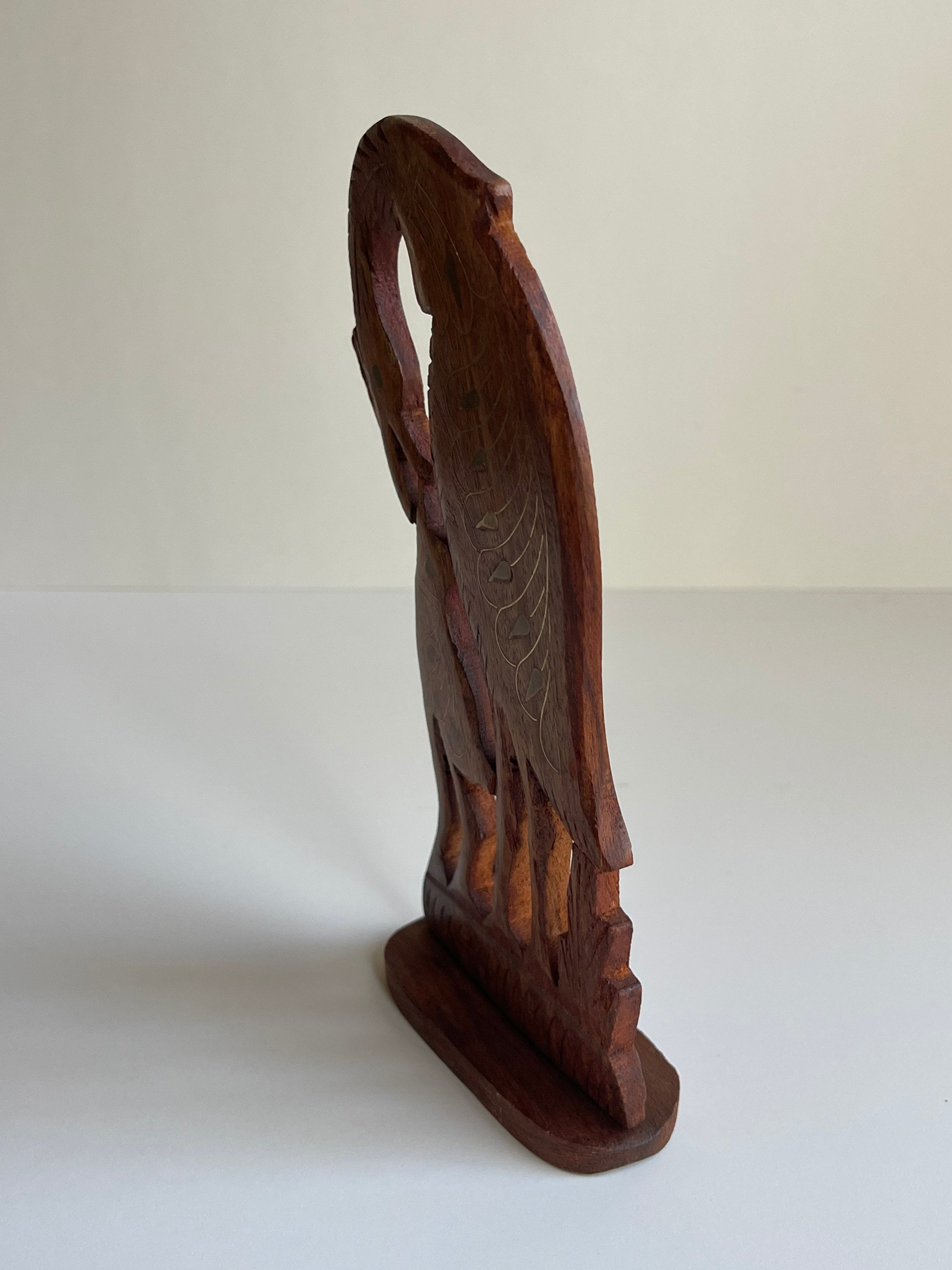 Vintage MCM Hand Carved Wooden Heron Sculpture: Brass Inlay Bird Decor ...