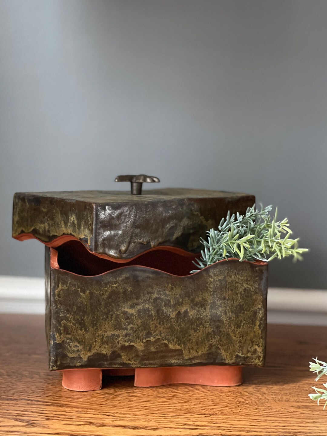 Rare, One of a Kind Glazed Terracotta Box / Chest With Dragonfly Handle ...