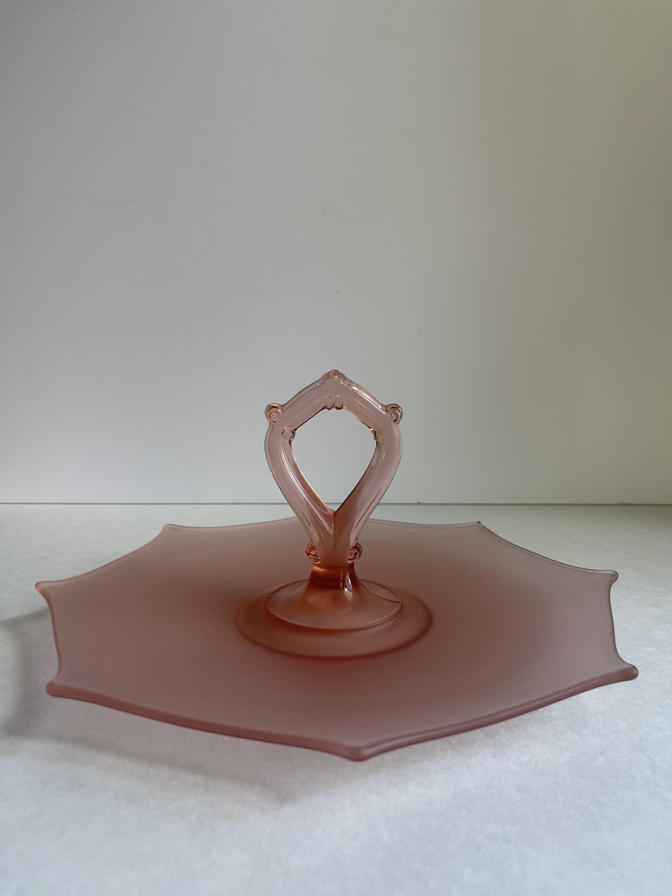 Vintage Art Deco Frosted Pink Glass Serving Plate With Handle Pink ...