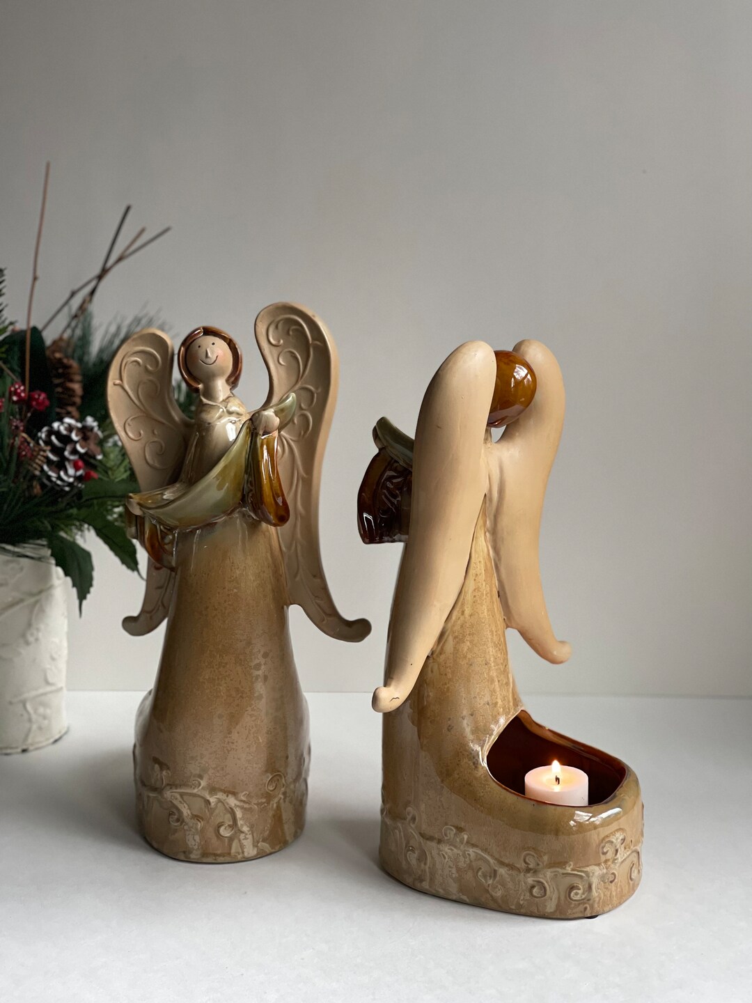 Pottery Angel Figurines: Beige Votive Candle Holders, Set of Two (12.5 ...