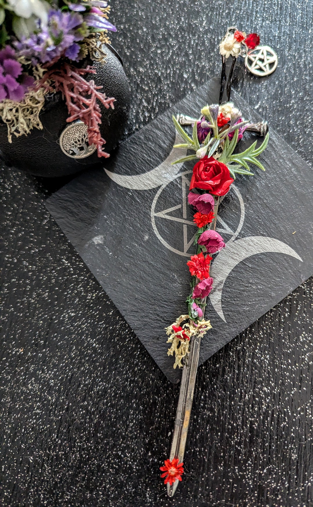 Decorative Altar Sword, Altar Decor,flowers,blue Tigers Eye, Pentagram ...