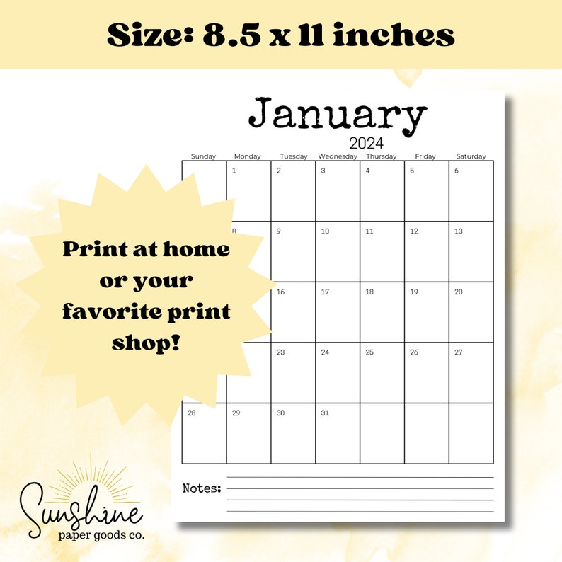 Printable 2024 Minimalist Calendar Portrait Calendar Digital Download ...