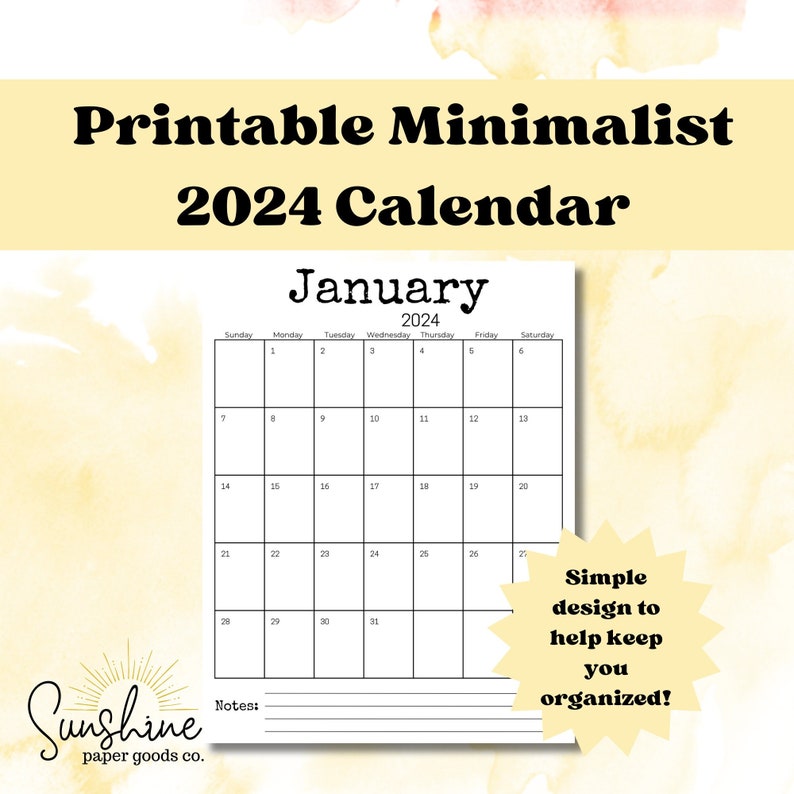 Printable 2024 Minimalist Calendar Portrait Calendar Digital Download ...