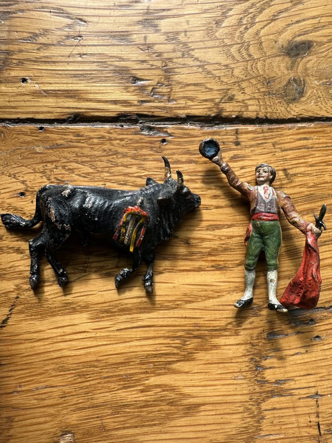 Antique Vintage Small Bronze Painted Bull Fighter Matador and Bull ...