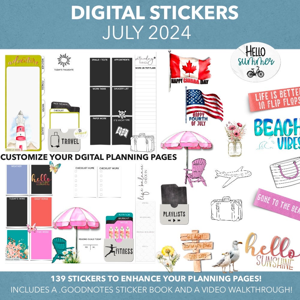 DIGITAL PLANNER STICKERS | July 2024 Plan + Journal Stickers ...