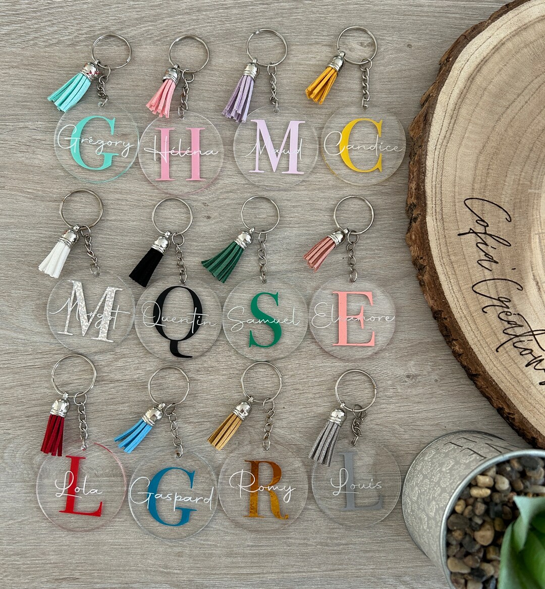 Personalized Key Ring Initial and First Name Key Ring Round Acrylic Key ...