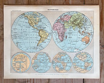 1890 WORLD MAP Mercator's Projection Bartholomew Map Antique Map of the ...