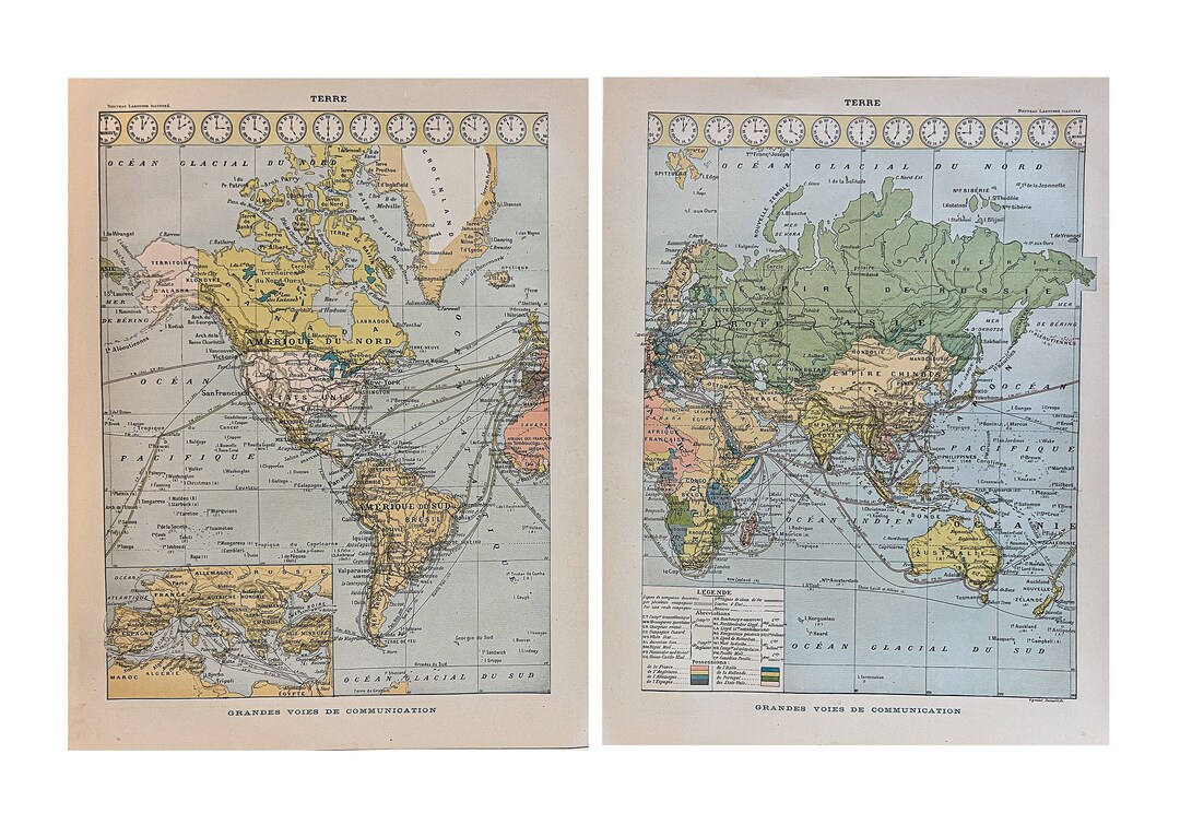 LARGE 1897 Timezones of the World Map Set 127 years old - Etsy Portugal