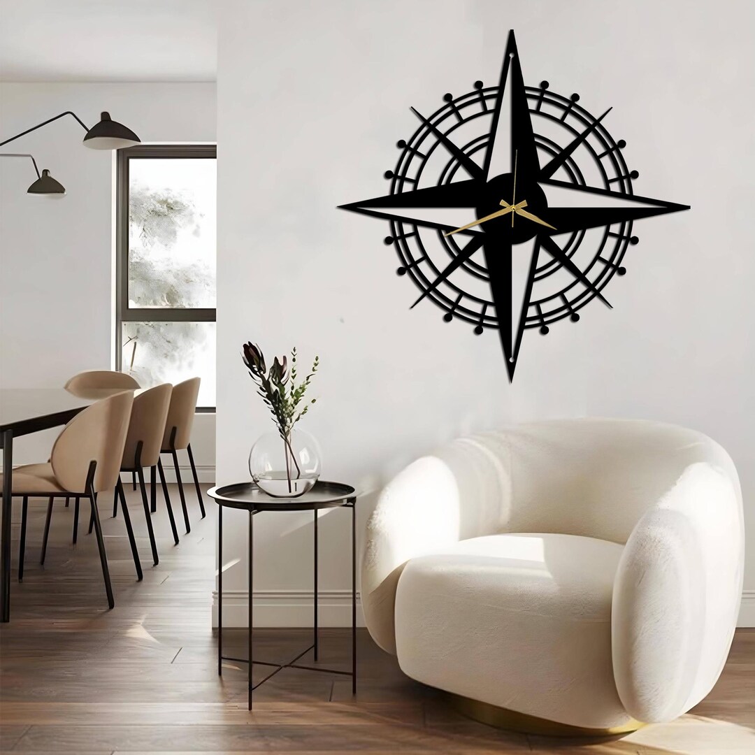 Compass Wall Clock, Art Deco Clock, Modern Home Decor, Silent Wall ...