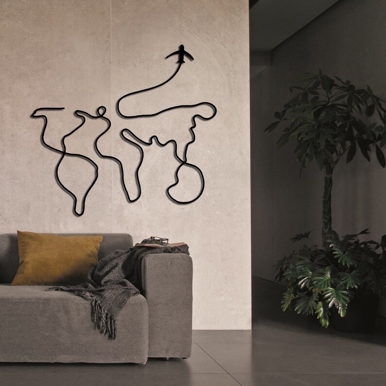 Metal World Map Line Art: Minimalist Wall Decor With Airplane - Etsy