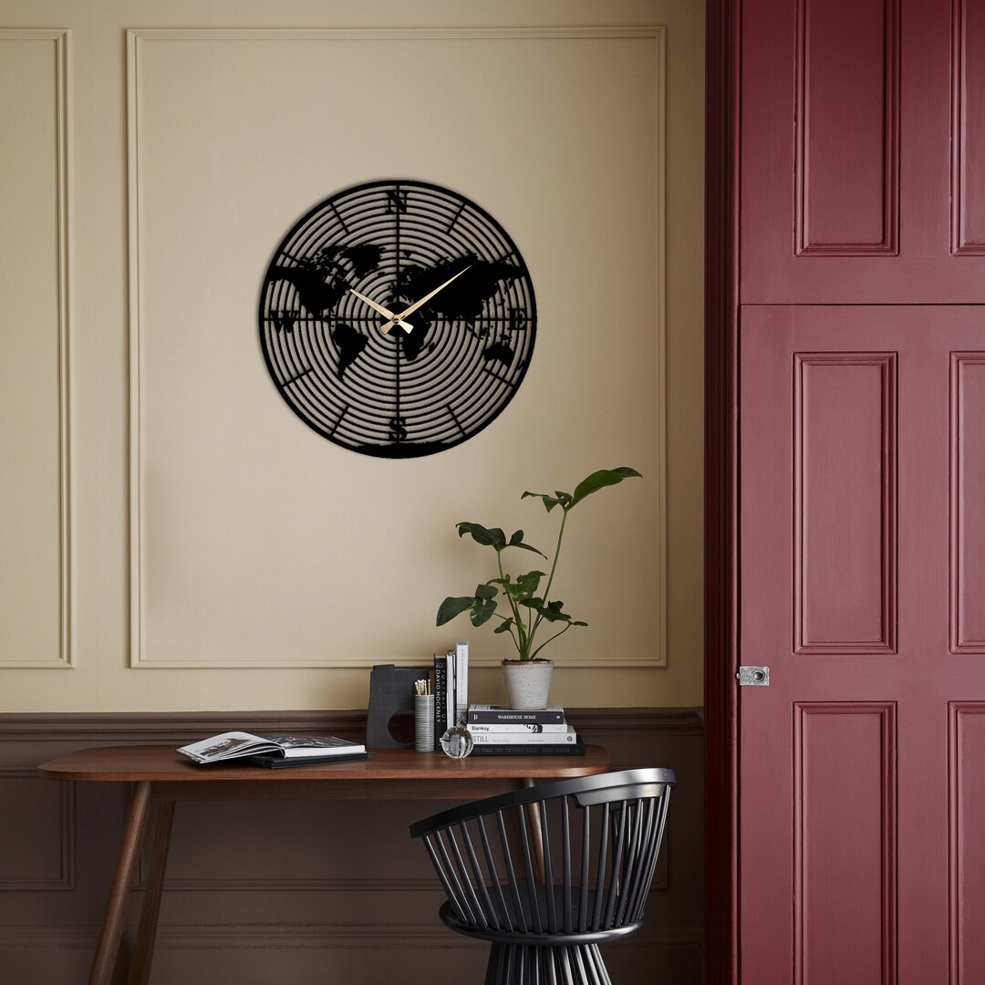 World Map Metal Wall Clock, Map Wall Clock, Office Decor Gifts, Silent ...