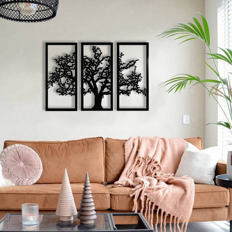 Tree Metal Wall Art: 3-panel Black Steel Decor - Etsy