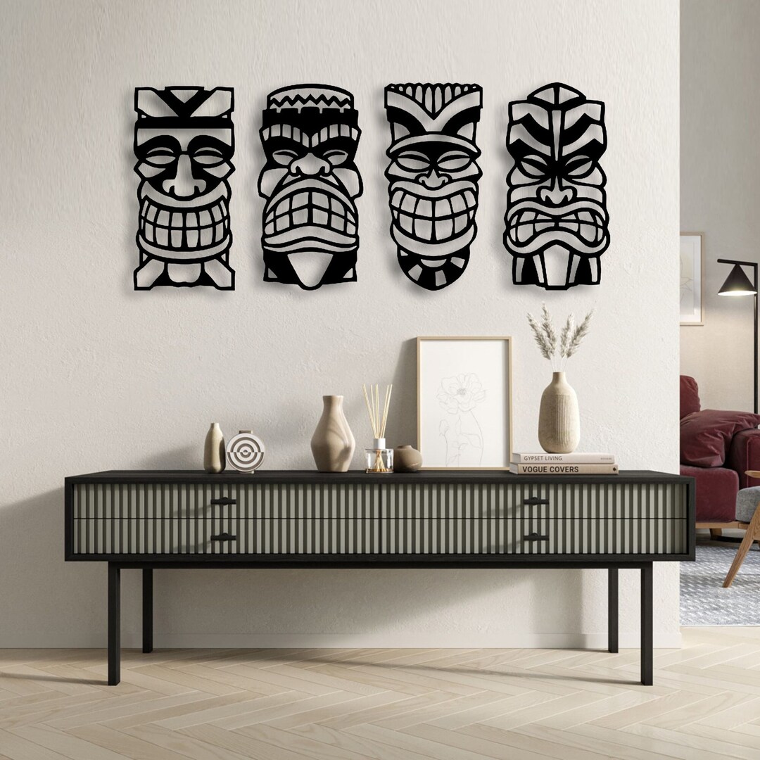 Tiki Mask Metal Wall Art: Aztec Mayan Totem Decor, 4 Piece Set - Etsy