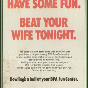 Vintage Politically Incorrect BPA Bowling Poster Beat Your Wife - Etsy