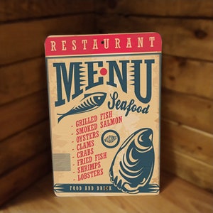 Metal Seafood Menu Sign Salmon, Fish, Fried Fish, Oysters, Clams, Crabs ...