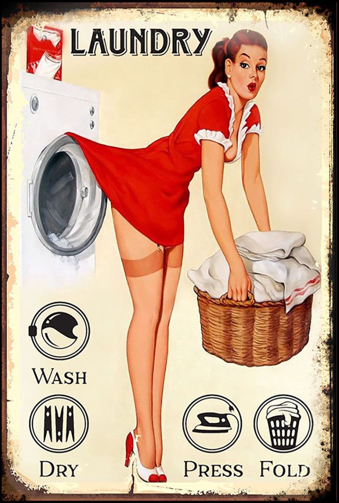 Metal Poster Laundry Vintage Style Pinup Girl Redhead in Red Dress - Etsy