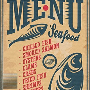 Metal Seafood Menu Sign Salmon, Fish, Fried Fish, Oysters, Clams, Crabs ...