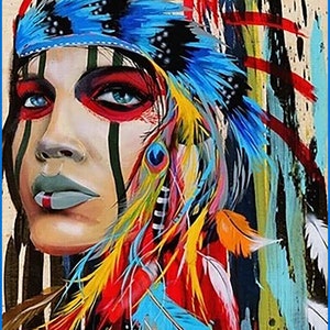 Native American Woman in Tribal Head Dress and Paint Pop Art Oil Paint ...