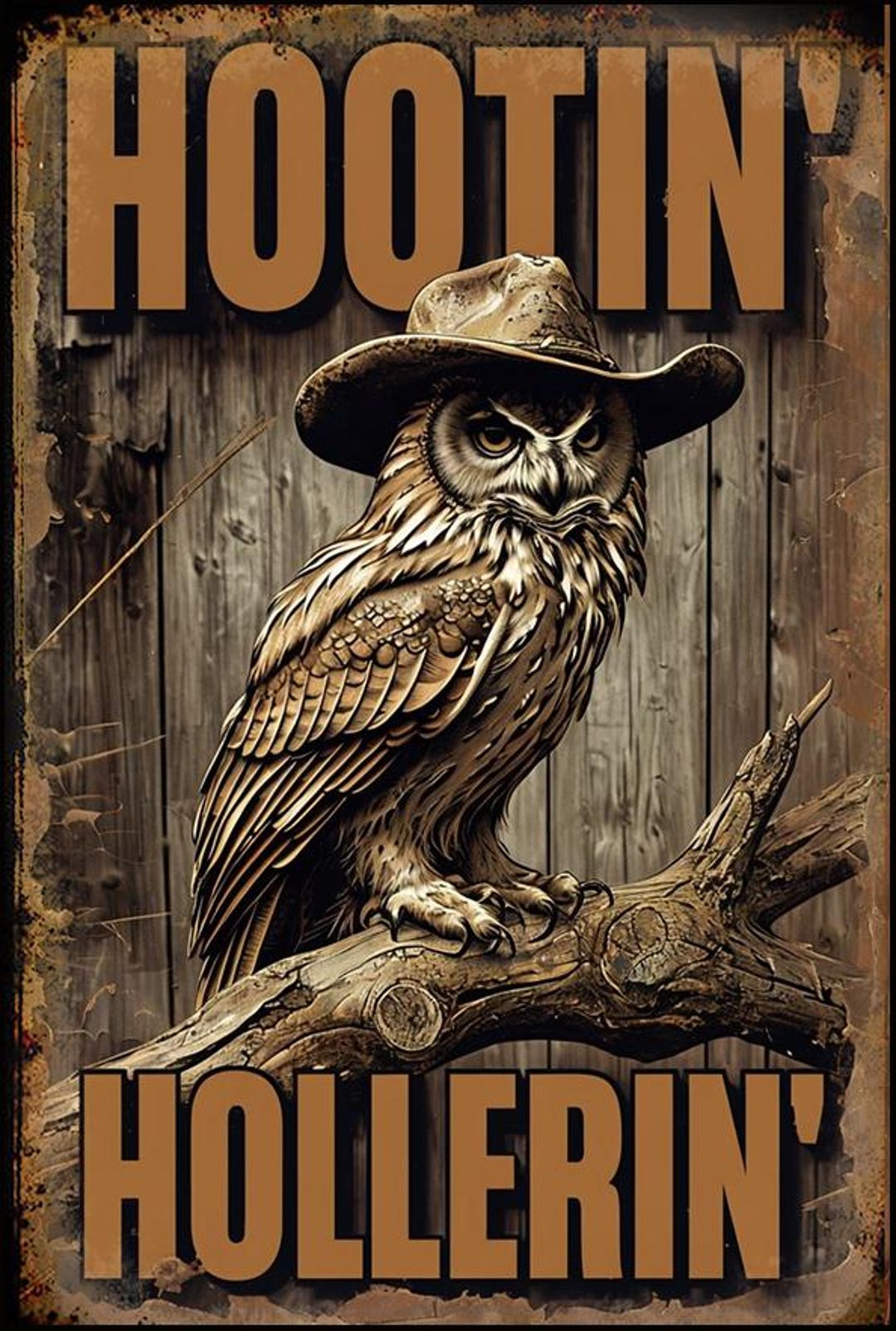 Hootin' & Hollerin' Owl With Cowboy Hat Rustic Style Metal Poster - Etsy