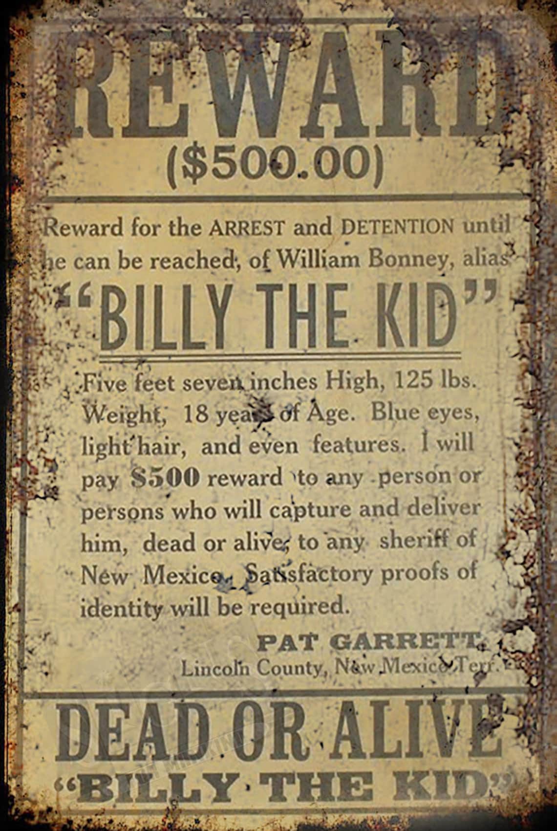 Western Wanted Poster Billy the Kid Dead or Alive Metal Sign - Etsy