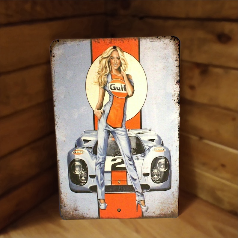 Vintage Style Gulf Girl Porsche Pinup Metal Sign Rusted Look Etsy