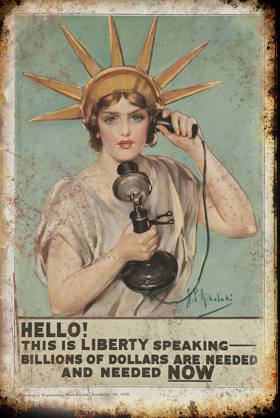 1918 Lady Liberty Calling Liberty Bond Advertisement Vintage Look Metal ...