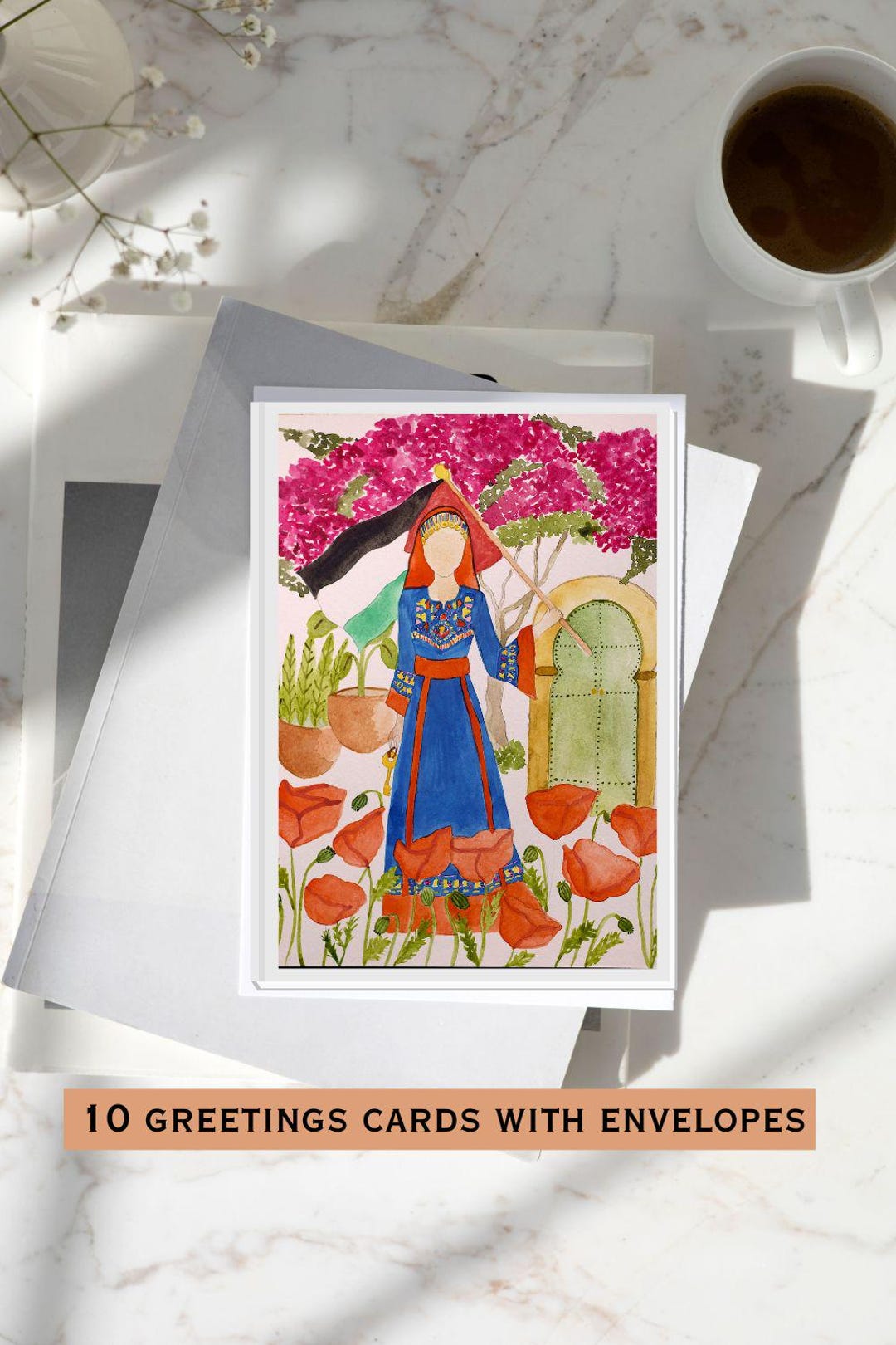 US & CA 10 Greeting Cards Palestine Lady With Palestine Flag Pack of 10 ...