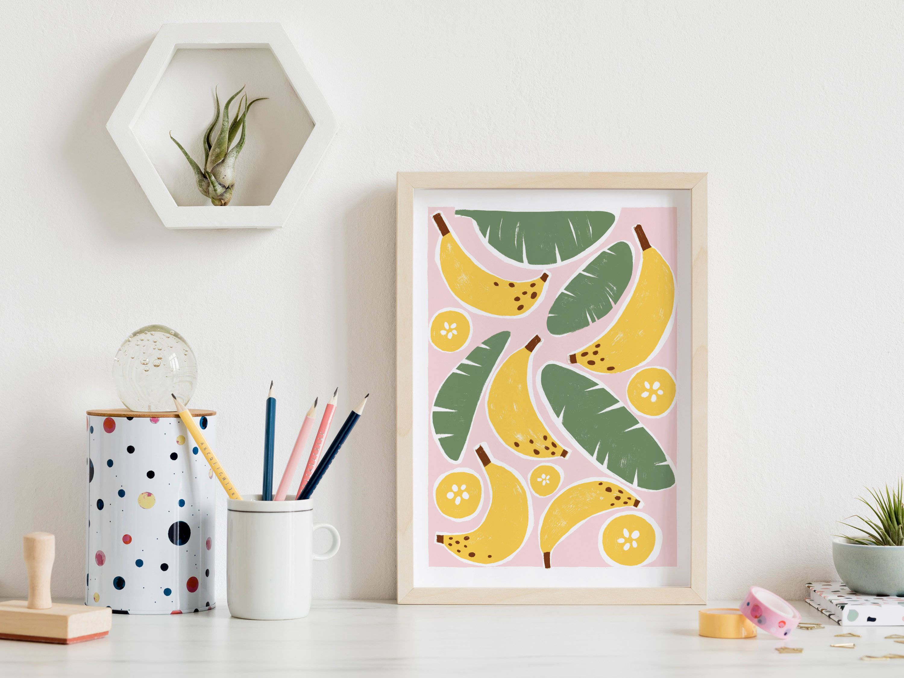BANANA Printable Wall Art, Tropical Fruit Illustration, Banana Leaf ...
