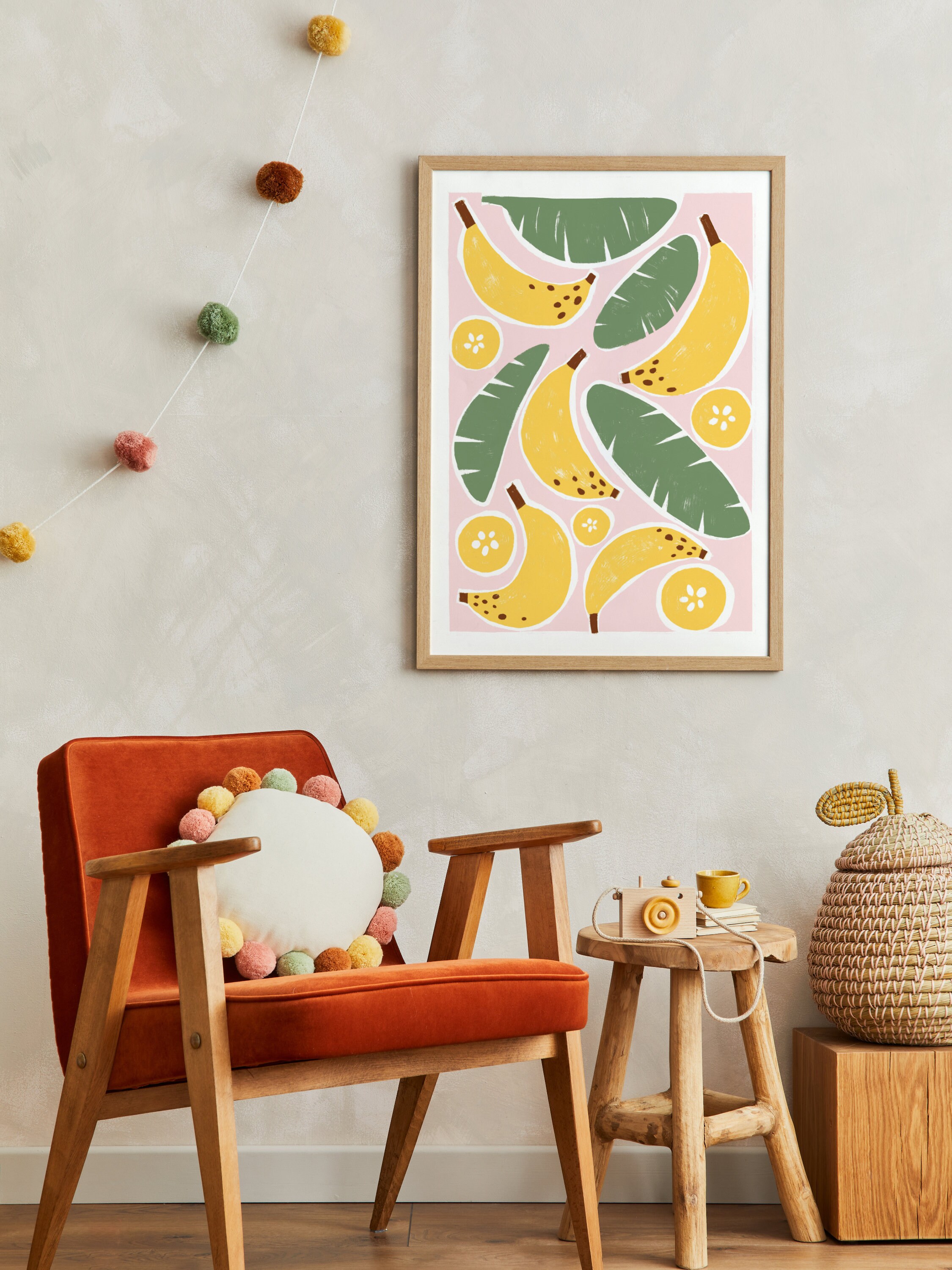 BANANA Printable Wall Art, Tropical Fruit Illustration, Banana Leaf ...