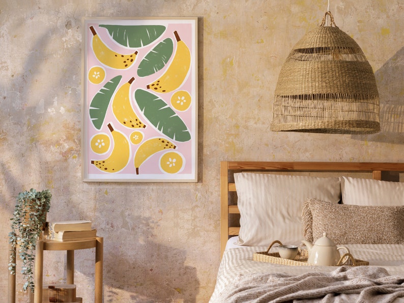 BANANA Printable Wall Art, Tropical Fruit Illustration, Banana Leaf ...