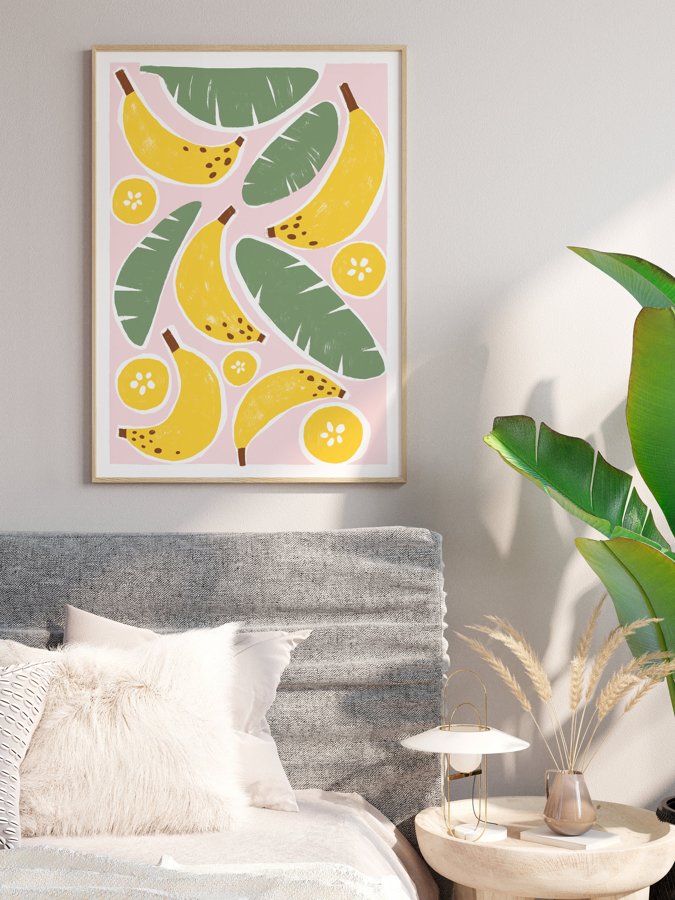 BANANA Printable Wall Art, Tropical Fruit Illustration, Banana Leaf ...