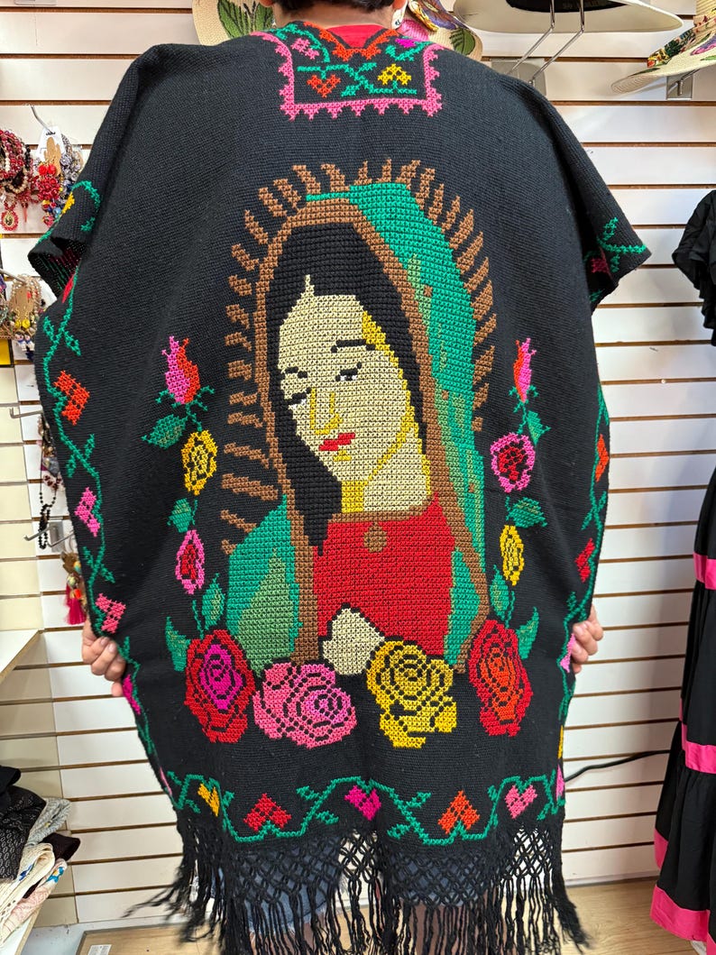 Mexican Handmade Poncho, Full Body, Cross-stitched, Virgin Mary ...