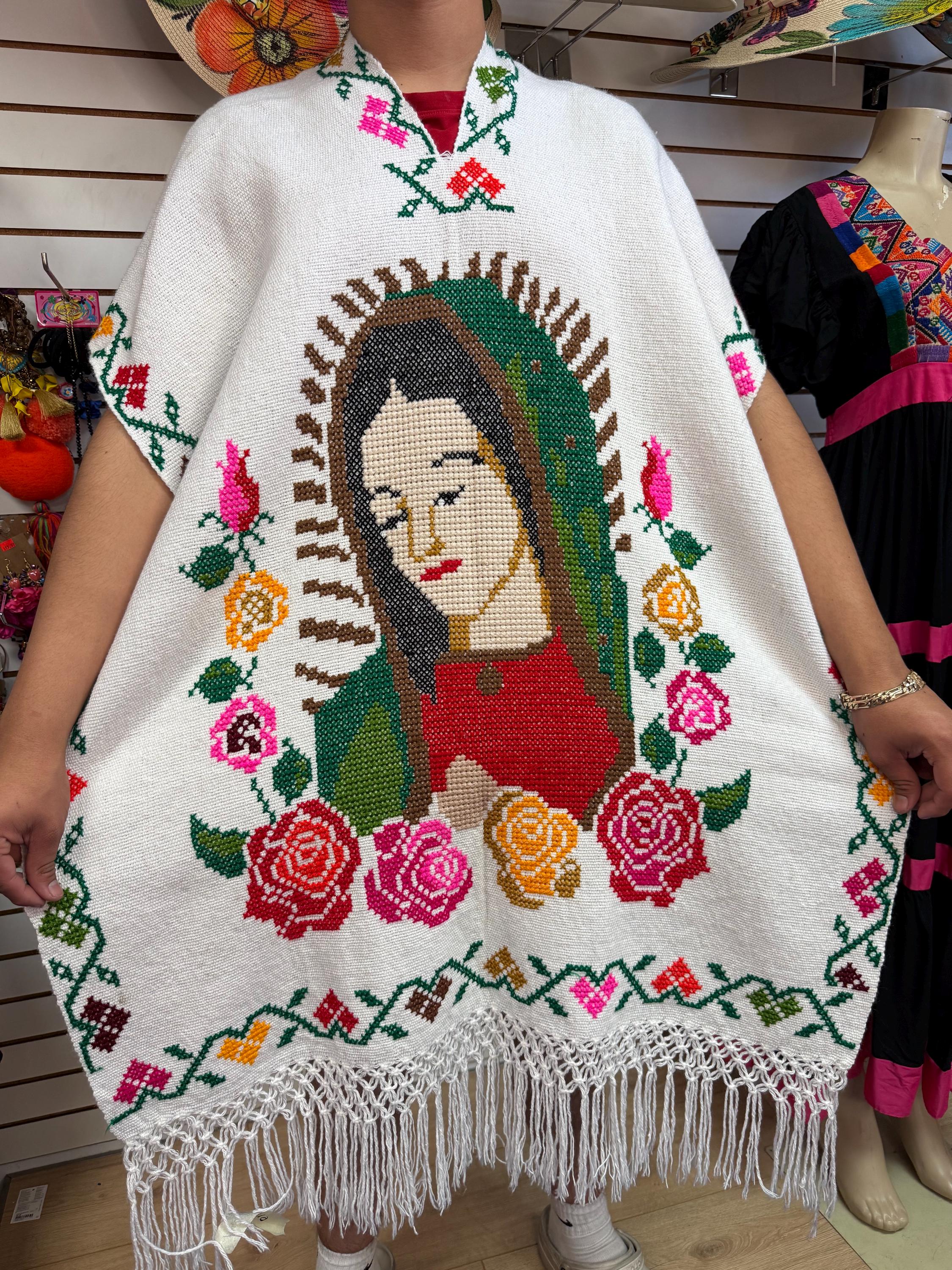 Mexican Handmade Poncho, Full Body, Cross-stitched, Virgin Mary ...