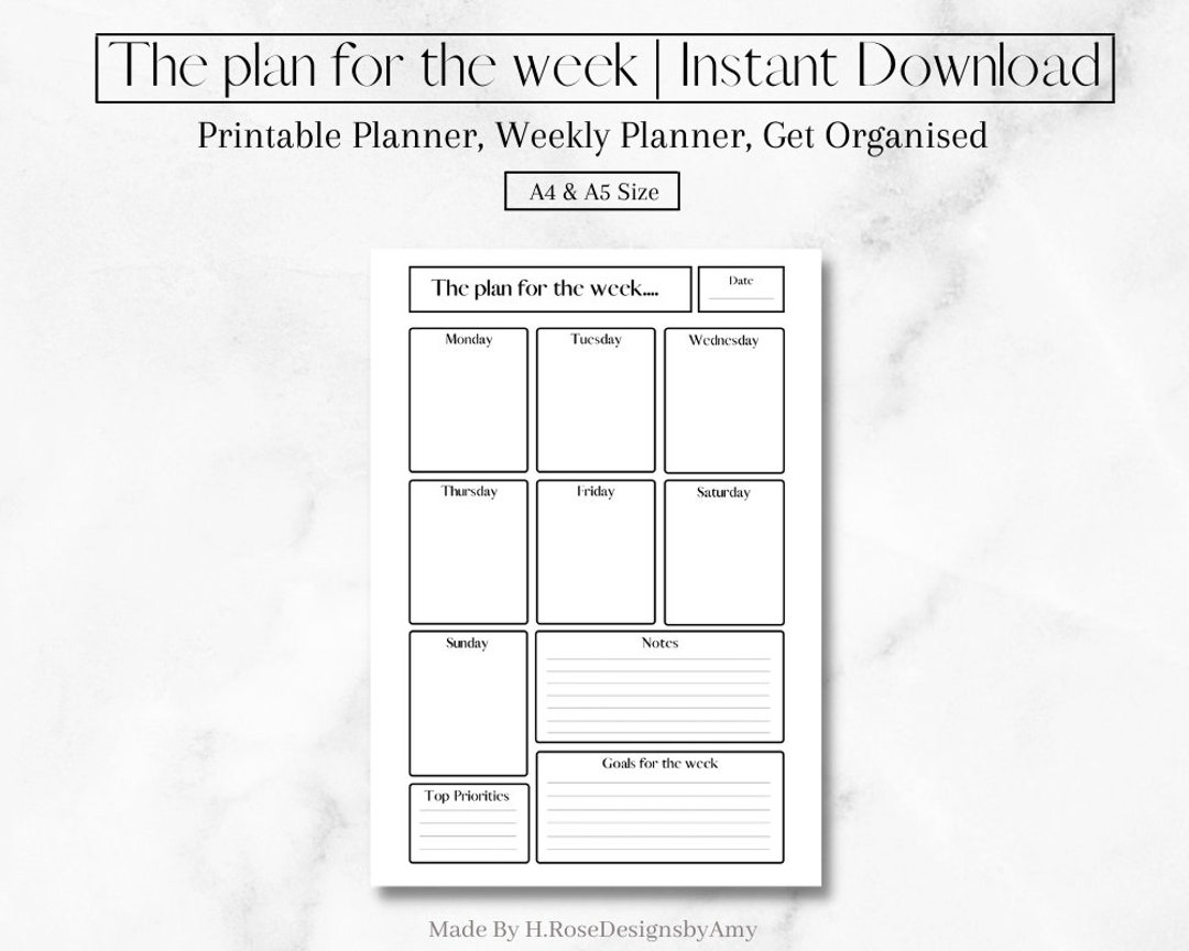 Printable Weekly Planner Page, Weekly Plan, Printable Diary, A4, A5 ...
