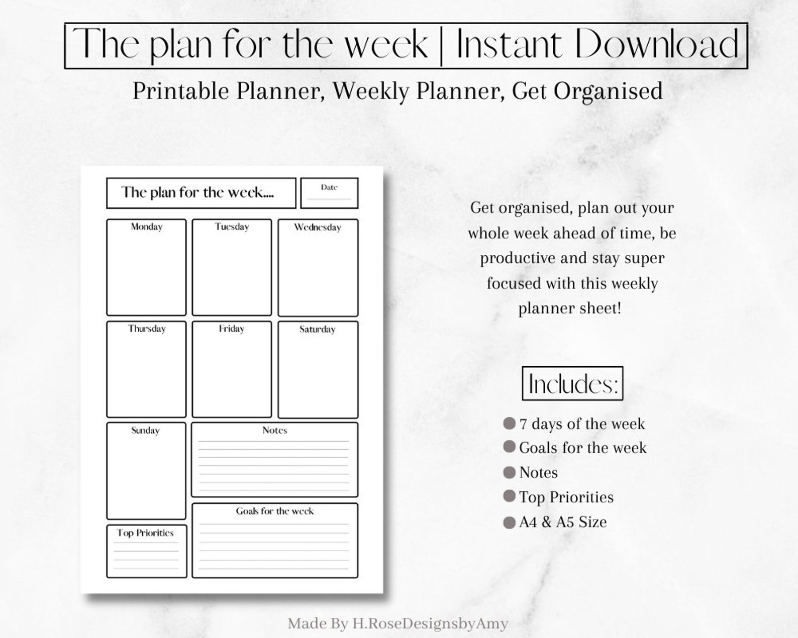 Printable Weekly Planner Page, Weekly Plan, Printable Diary, A4, A5 ...