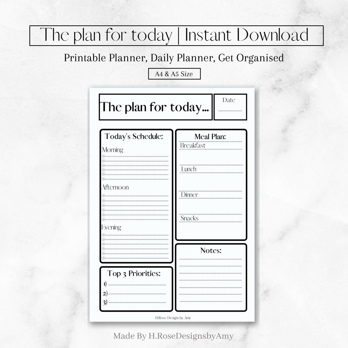 Printable Daily Planner Page Daily Plan Printable Diary A4 | Etsy