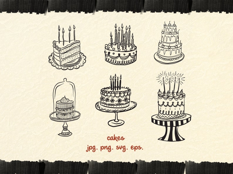 Hand Drawn Cakes Sweet Birthday Party Cake Bundle SVG PNG Bridal Bundle ...