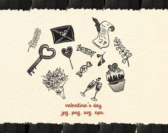 Romantic Valentine's Day Line Art Clipart Handdrawn Modern Graphic ...