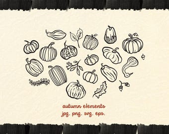 Fall Pumpkins Line Art Clipart | Hand Drawn Vector | Autumn Fine Line ...