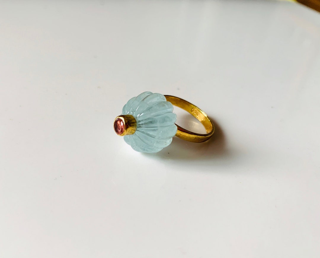Handcrafted Aquamarine Melon Carving Ring, Sterling Silver Statement ...