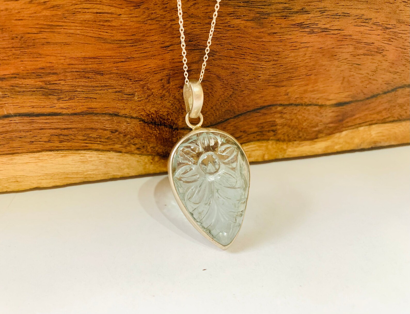 Natural Aquamarine Floral Carving Gemstone Pendant in 925 Sterling ...
