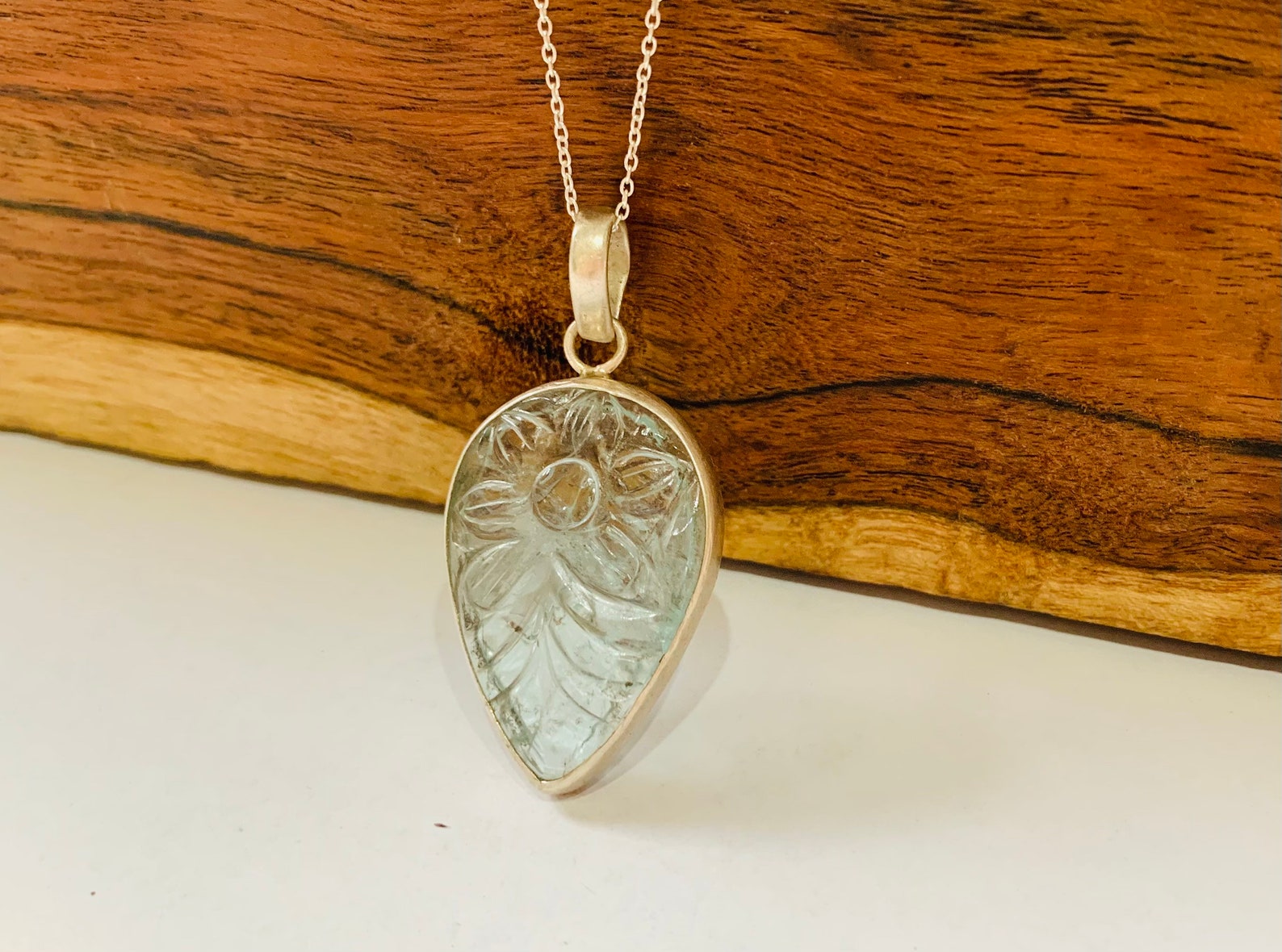 Natural Aquamarine Floral Carving Gemstone Pendant in 925 Sterling ...