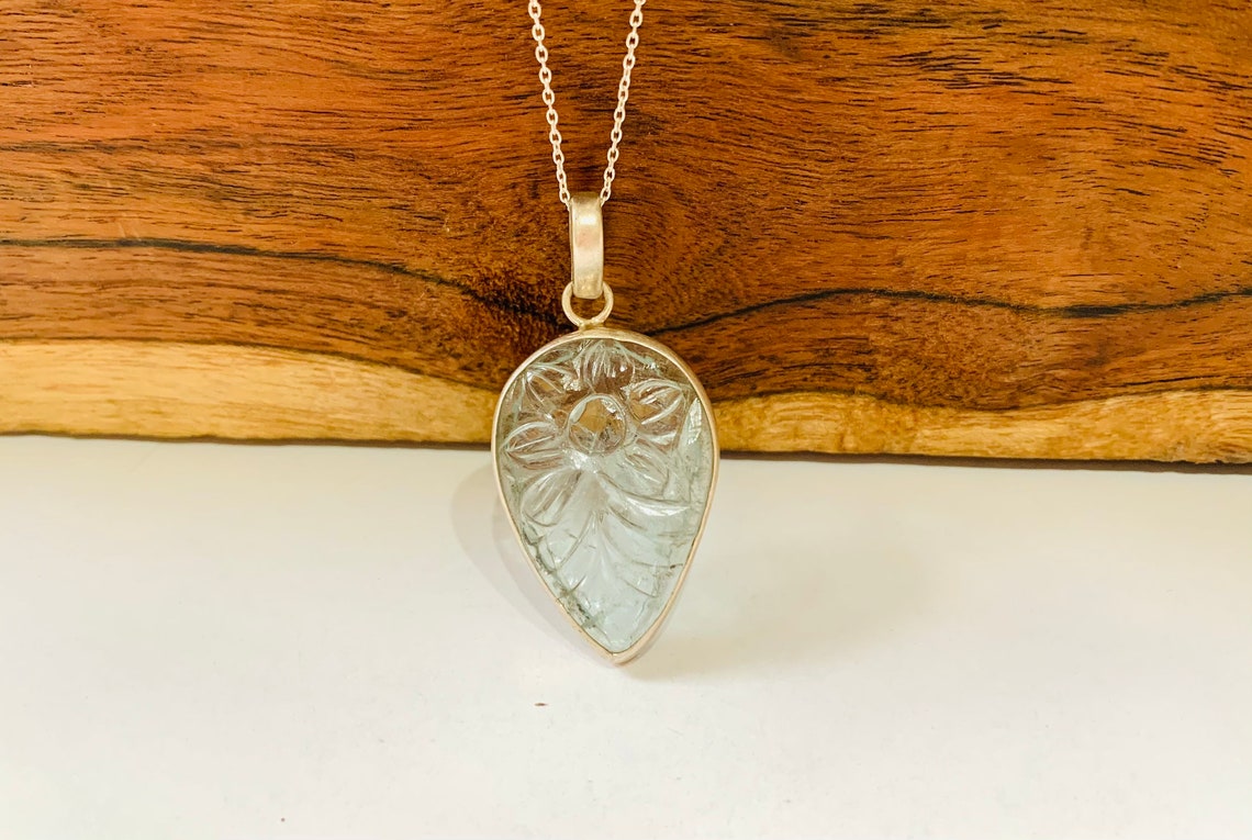 Natural Aquamarine Floral Carving Gemstone Pendant in 925 Sterling ...