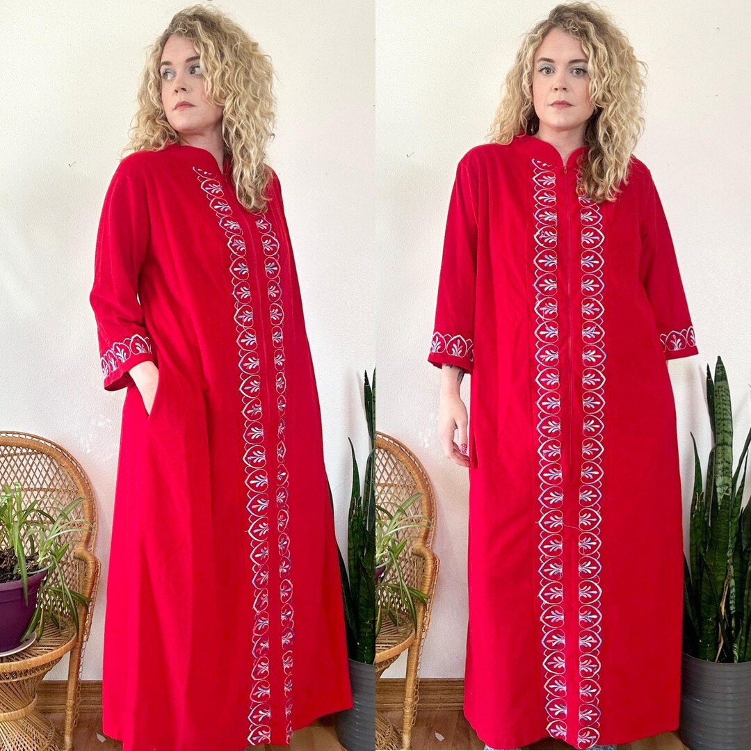 70’s Ruby Red Embroidered House Coat - Etsy