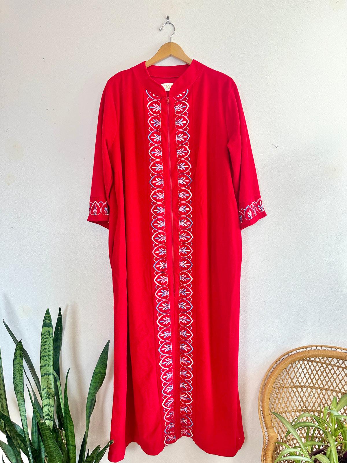 70’s Ruby Red Embroidered House Coat - Etsy