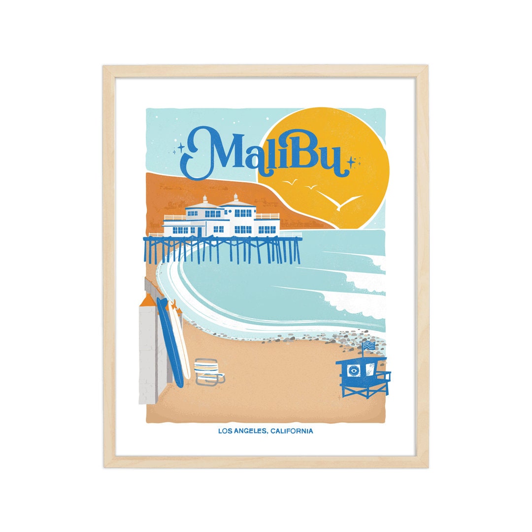 Malibu Beach Retro Travel Poster | California Vintage Wall Art Print ...